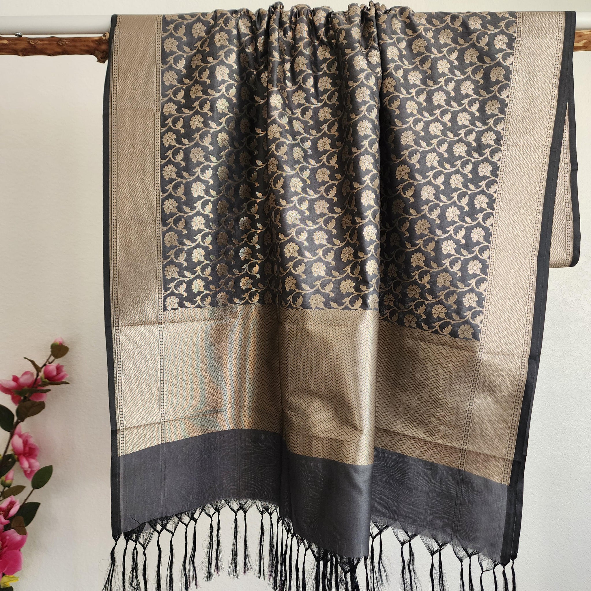 Banarasi Silk Gray Dupatta with gold handweaving, Indian traditional a